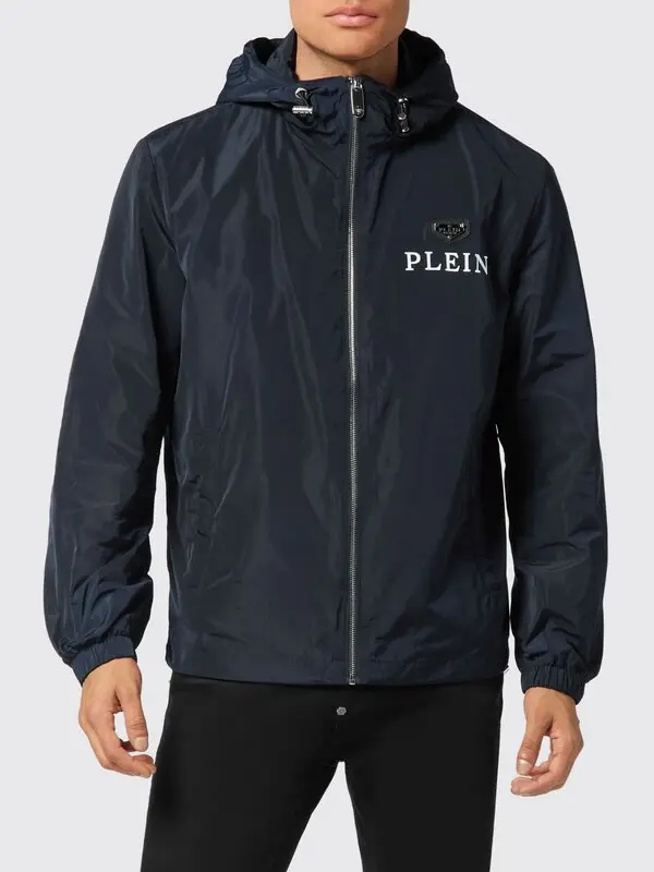 Philipp Plein Technical Fabric Hooded Windbreaker Jacket With Logo Print - Blue