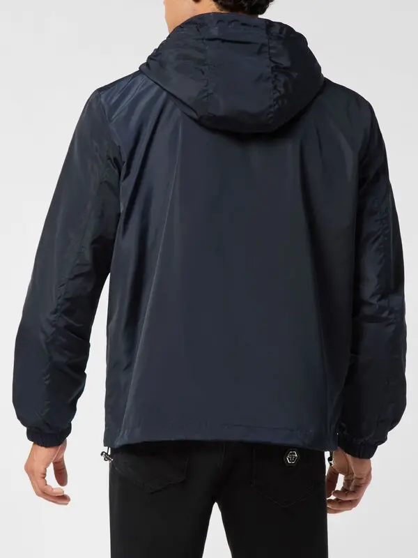 Philipp Plein Technical Fabric Hooded Windbreaker Jacket With Logo Print - Blue