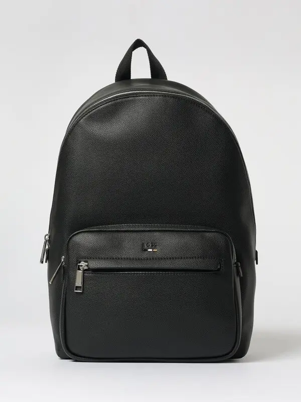 BOSS Ray Pebbled Leather Backpack With External Patch Pocket And Emed Logo - Black