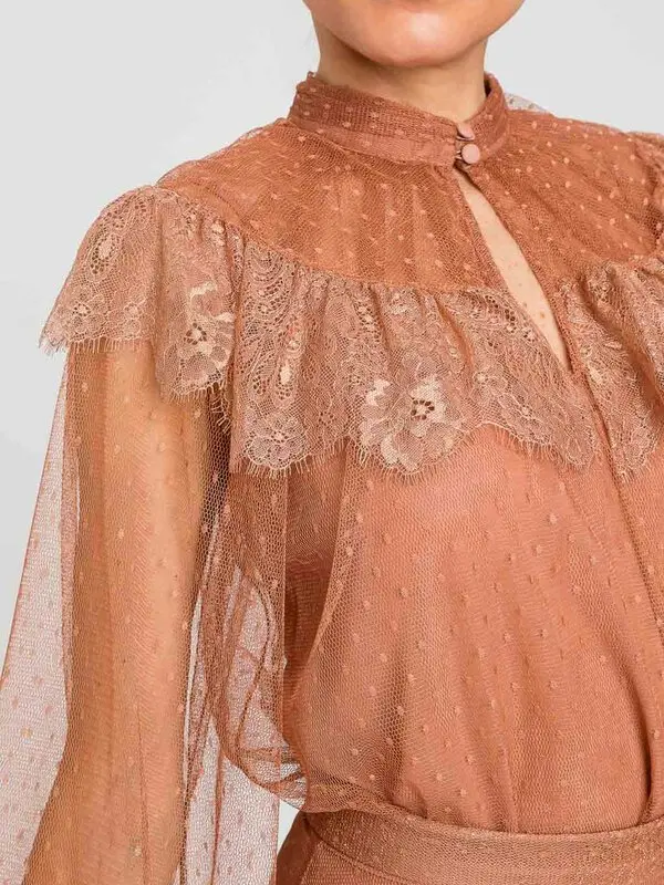 TWINSET Point D'esprit Tulle Blouse With Lace Inserts