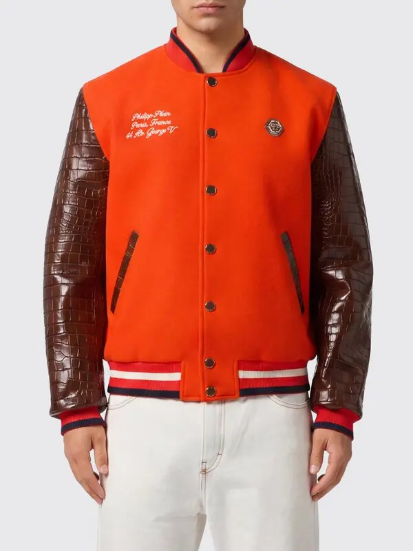 Philipp Plein Two-tone Crocodile-effect Calfskin Leather Varsity Bomber Jacket