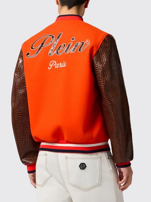 Philipp Plein Two-tone Crocodile-effect Calfskin Leather Varsity Bomber Jacket