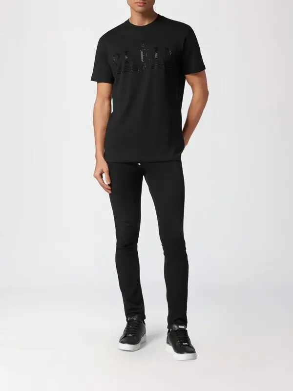 Philipp Plein Cotton Crew Neck T-shirt With Rhinestone Logo Lettering - Black