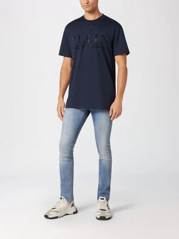 Philipp Plein Cotton Crew Neck T-shirt With Rhinestone Logo Lettering - Blue