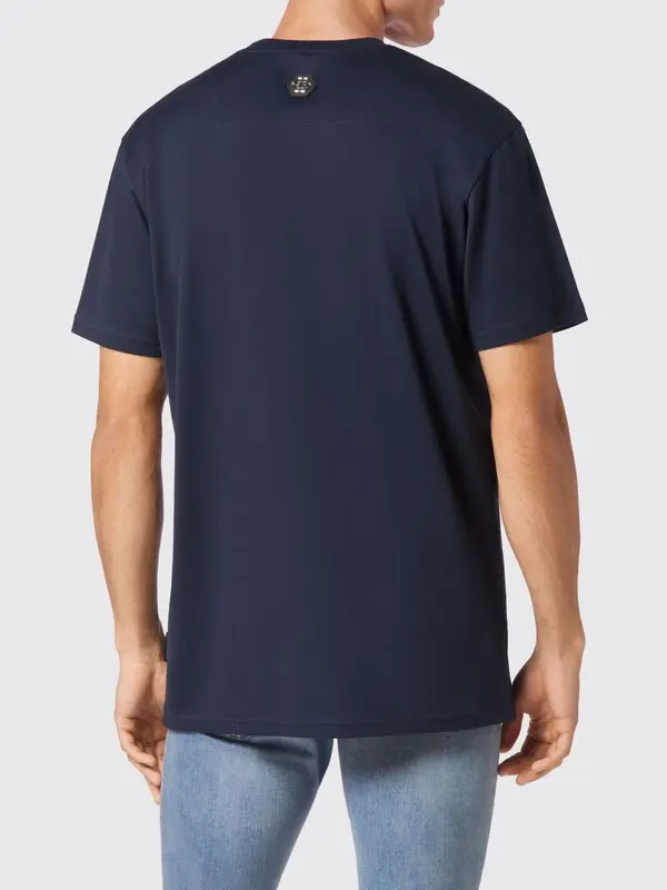 Philipp Plein Cotton Crew Neck T-shirt With Rhinestone Logo Lettering - Blue