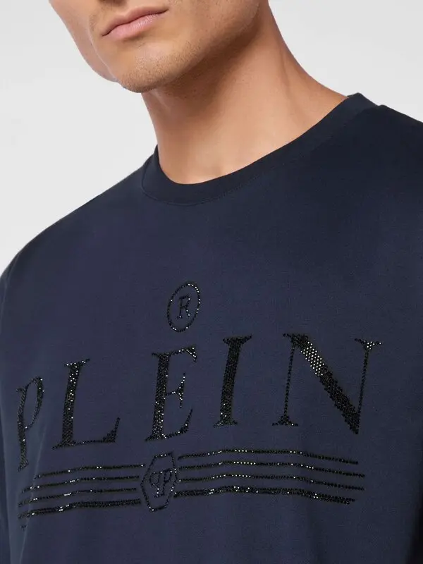 Philipp Plein Cotton Crew Neck T-shirt With Rhinestone Logo Lettering - Blue
