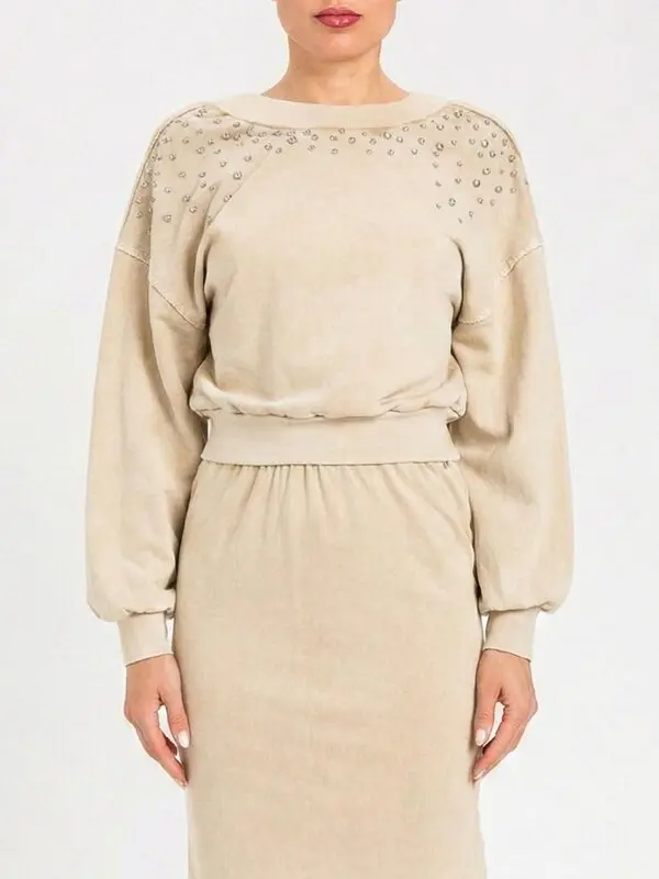 TWINSET Cropped Sweatshirt With Rhinestones - Beige