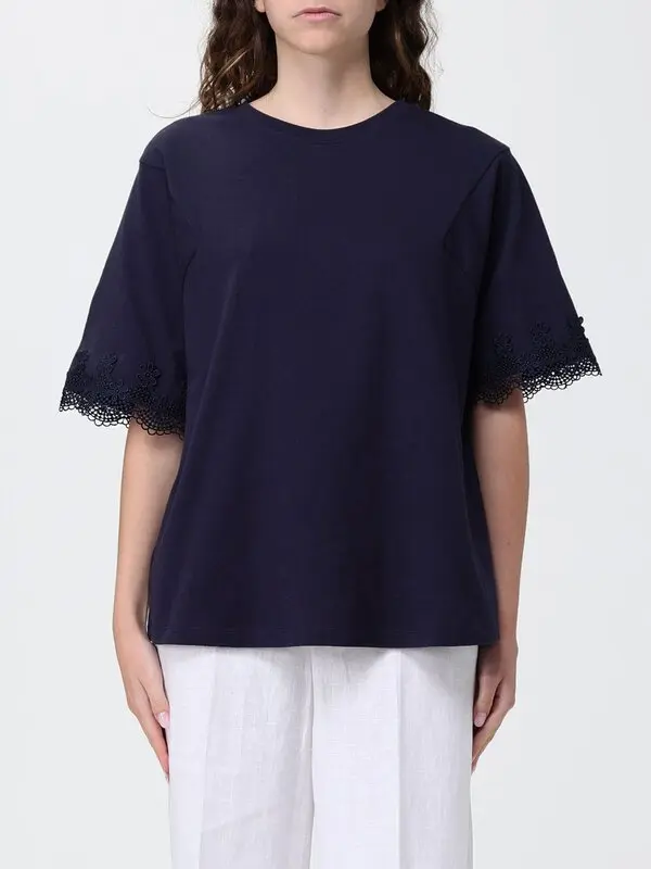 TWINSET Cotton T-shirt With Lace Inserts - Blue