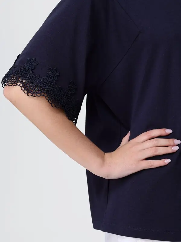 TWINSET Cotton T-shirt With Lace Inserts - Blue