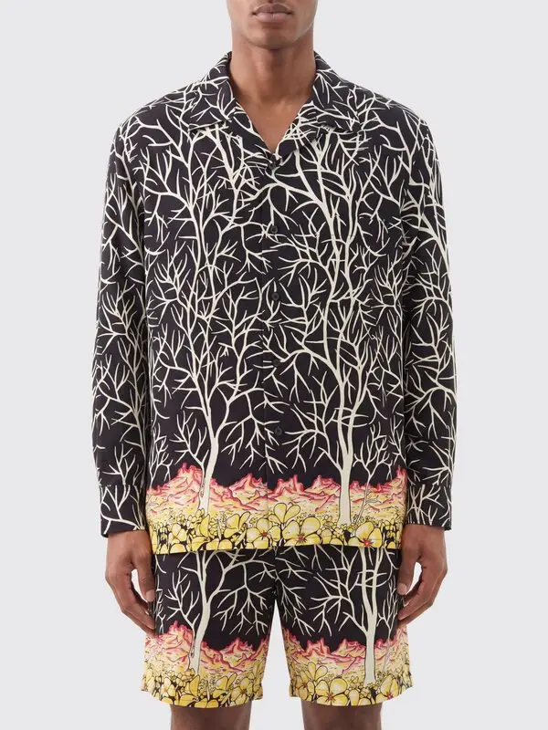 Y’s Relaxed Fit Shirt In Rayon With Abstract Print And Cuban Collar - Black