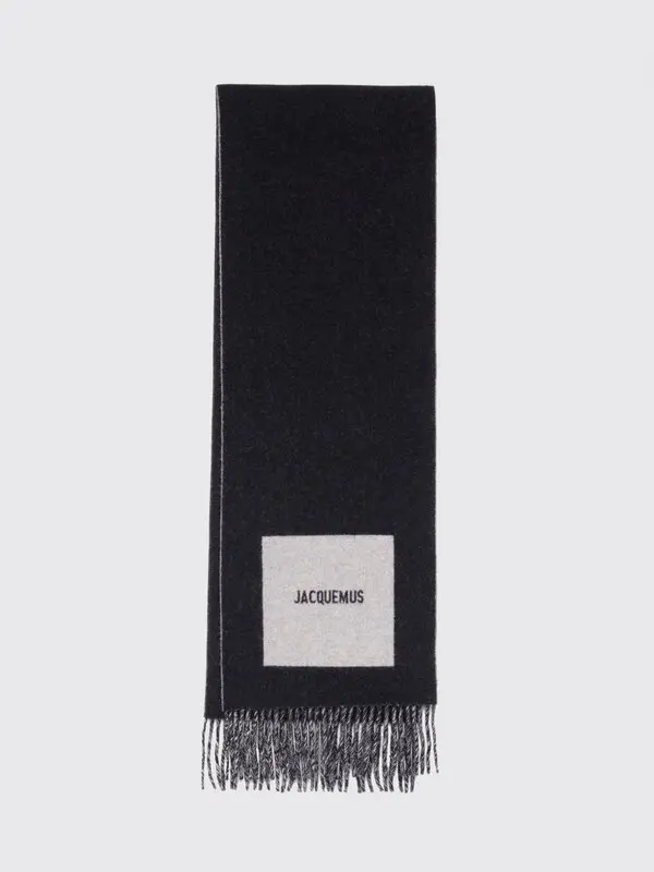 Jacquemus Rond Carrè Logo Print Virgin Wool Scarf With Fringed Hem - Black