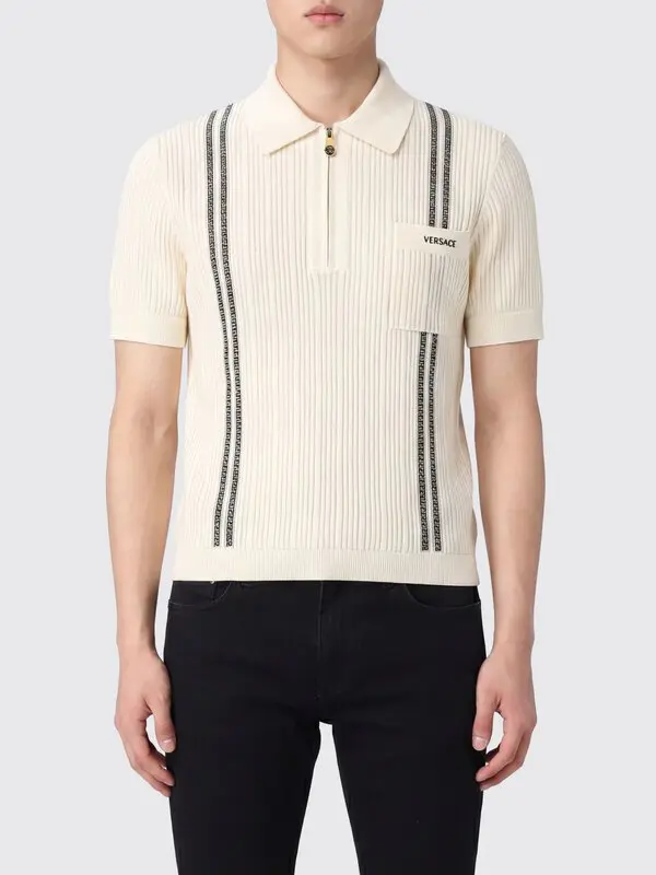 Versace Cotton Knit Polo With Greca Pattern And Zip Closure