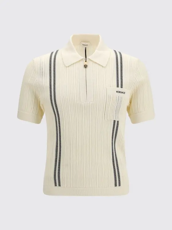 Versace Cotton Knit Polo With Greca Pattern And Zip Closure