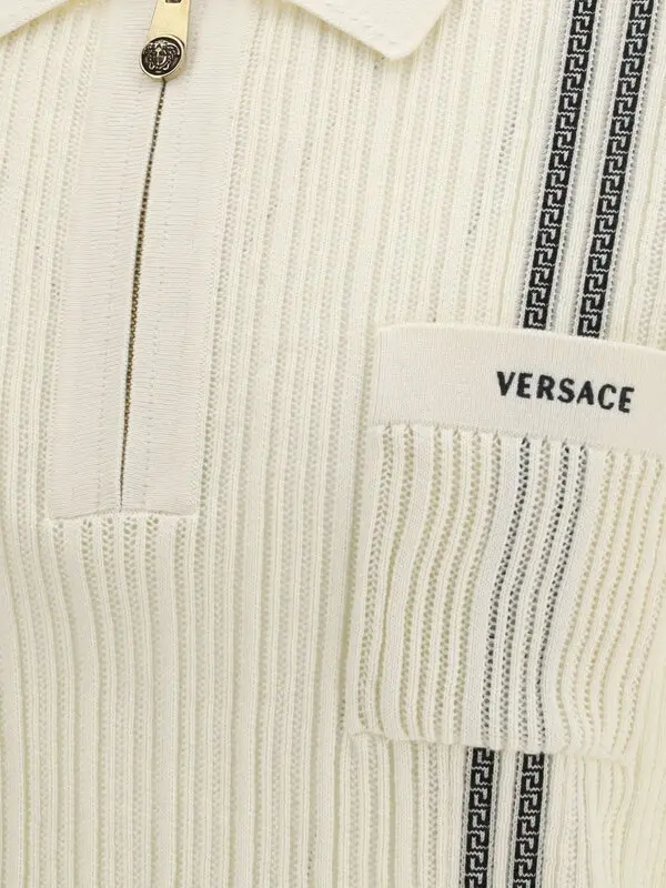 Versace Cotton Knit Polo With Greca Pattern And Zip Closure