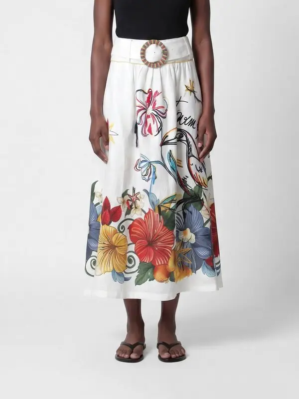 Farm Rio Printed Linen And Cotton Belted Midi Skirt