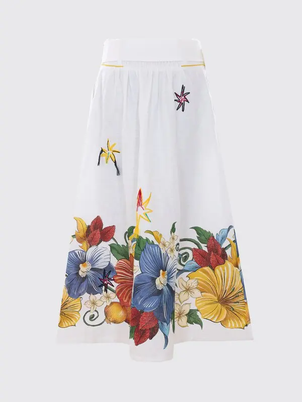 Farm Rio Printed Linen And Cotton Belted Midi Skirt
