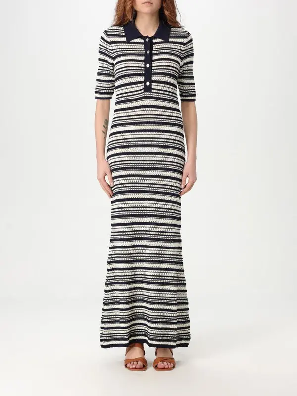 TWINSET Striped Knit Maxi Dress With Mandarin Collar