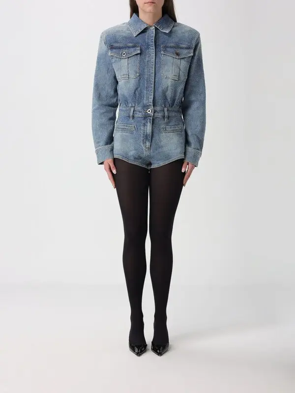 SELF-PORTRAIT Embellished Denim Jumpsuit - Blue