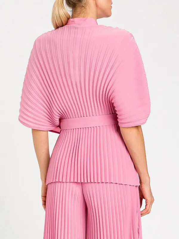 TWINSET Pleated Crêpe Shirt With Mandarin Collar And Belted Waist - Pink