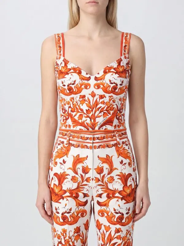 Dolce & Gabbana Majolica Print Silk Cropped Corset Top - Orange