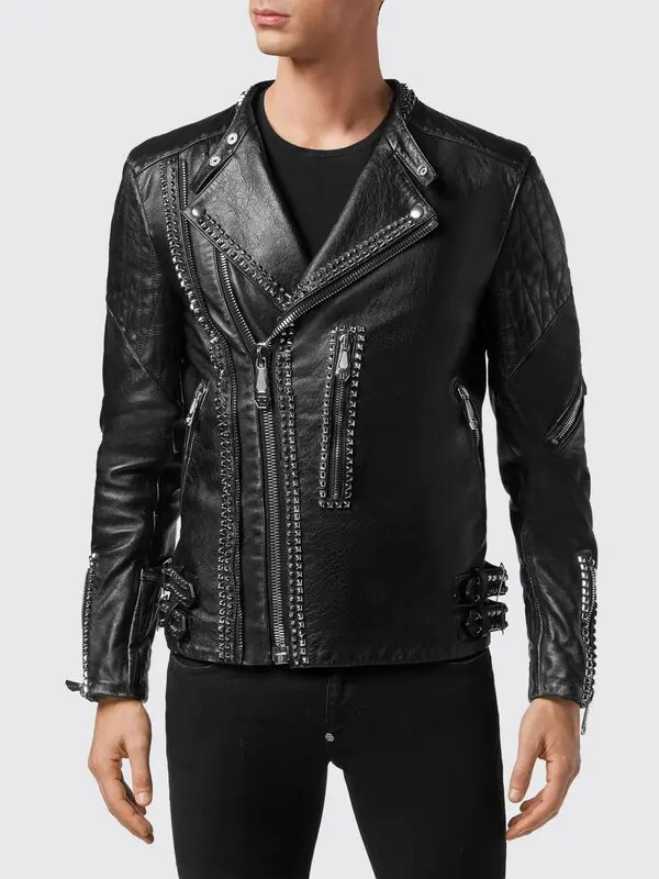 Philipp Plein Slim Fit Studded Calfskin Biker Jacket