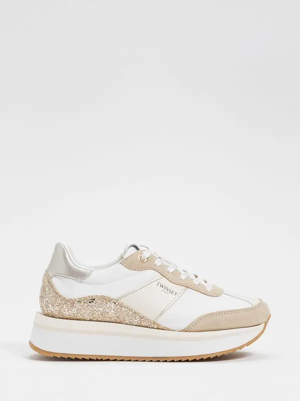 TWINSET Suede And Nylon Glitter Sneakers - Platinum