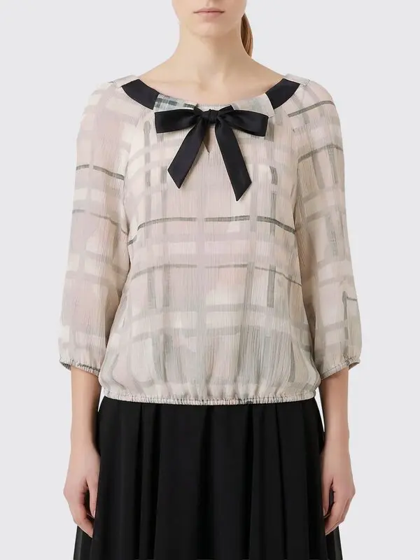 Emporio Armani Embroidered Check Cotton And Silk Blend Blouse