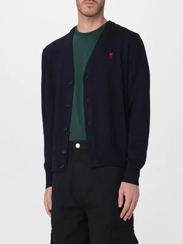 AMI Paris Cardigan With Embroidered De Coeur Appliqu - Marine
