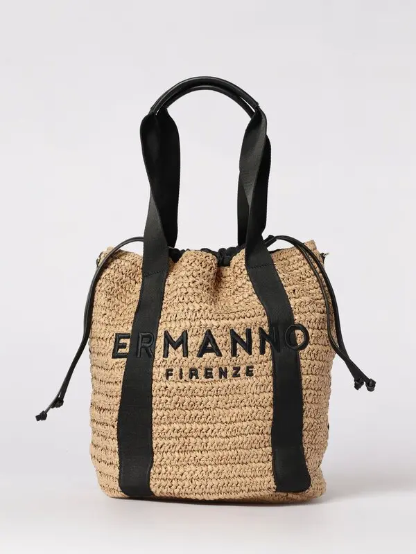 ERMANNO FIRENZE Ashley Raffia Bucket Bag With Embroidered Logo