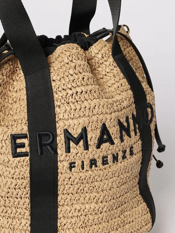 ERMANNO FIRENZE Ashley Raffia Bucket Bag With Embroidered Logo