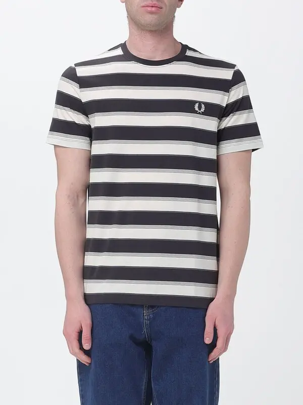 Fred Perry Striped Cotton T-shirt With Logo - Grey