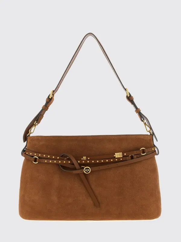 Pinko Suede Shoulder Bag With Micro Studs And Logo Embellishment - Brown