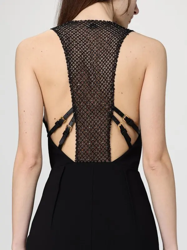 Elisabetta Franchi Long Crepe Dress With Beaded Embellishment And Slit - Black