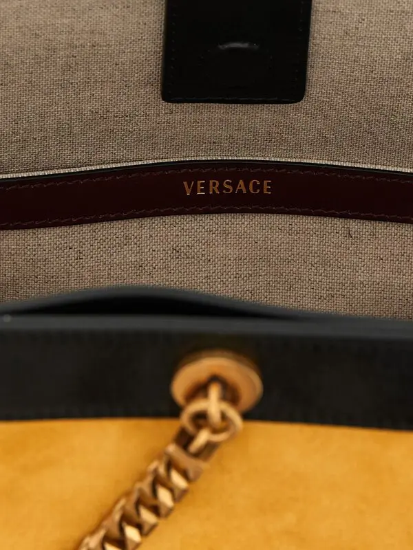 Versace Pivot Suede Bucket Bag With Medusa Logo And Metal Mesh - Yellow