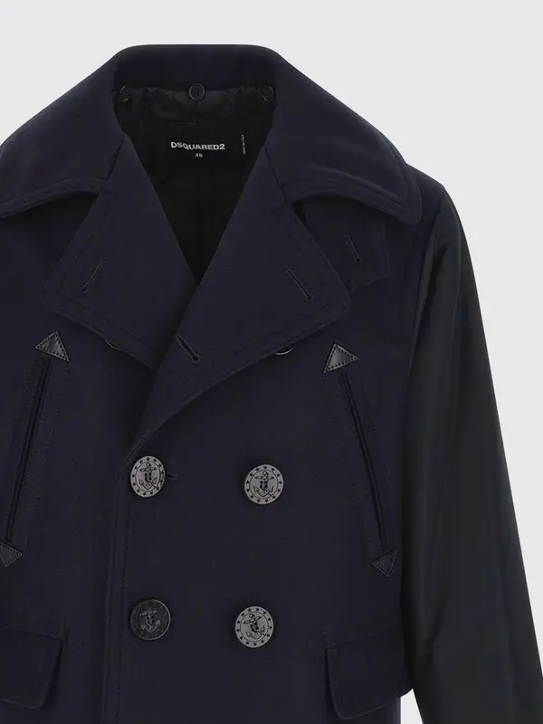 Dsquared2 Double-breasted Wool Blend Peacoat With Ribbed Lapel Collar