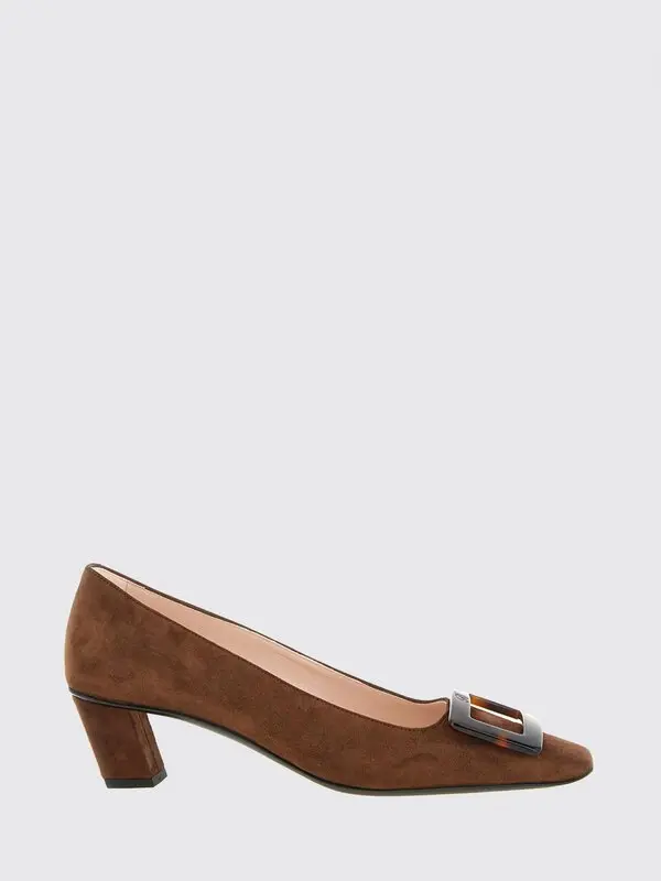 ROGER VIVIER Suede Square Toe Buckled Low Heel Pumps - Brown