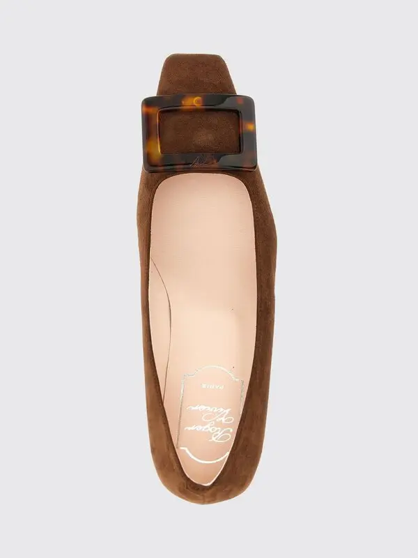 ROGER VIVIER Suede Square Toe Buckled Low Heel Pumps - Brown