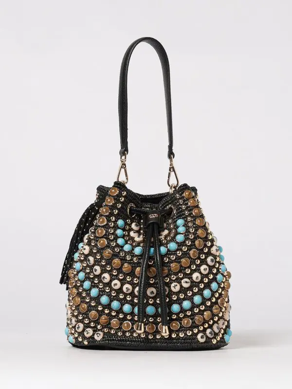 LA CARRIE Andromeda Raffia Bag With Stones And Studs - Black