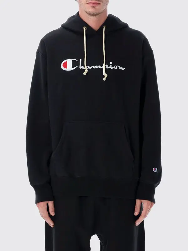 Champion Hoodie With Contrast Logo And Drawstring - Black