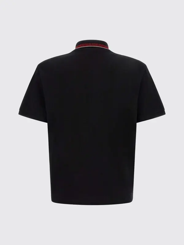 Versace Greca Pattern Cotton Polo Shirt With Contrast Embroidered Logo - Black