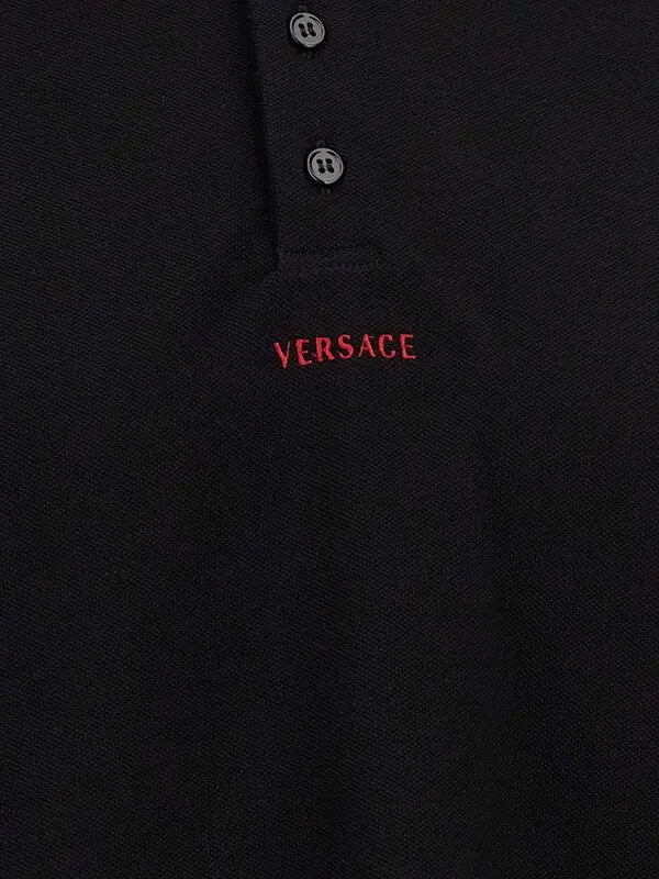 Versace Greca Pattern Cotton Polo Shirt With Contrast Embroidered Logo - Black