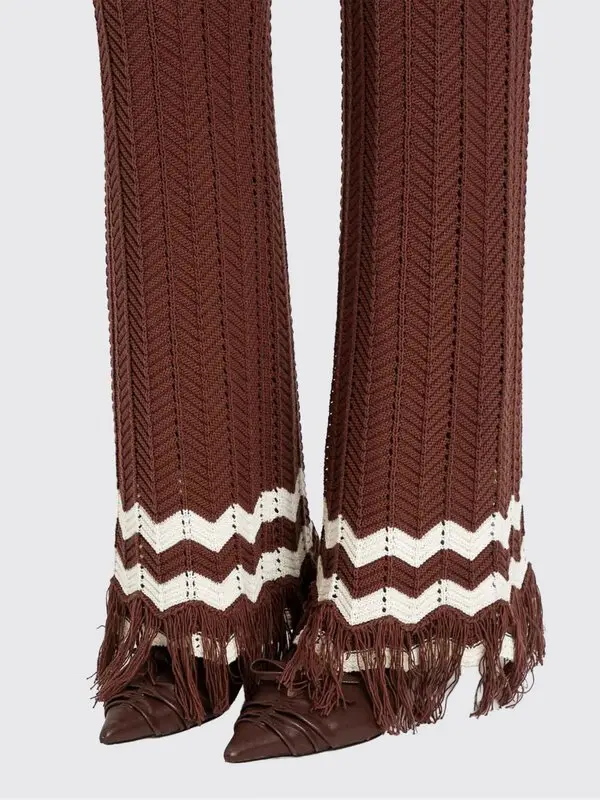 TWINSET Slim Fit Crochet Cotton Pants With High Waist And Fringed Hem - Brown