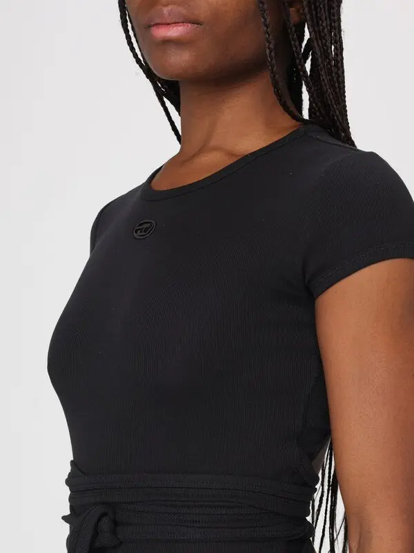 DIESEL® Ribbed T-shirt With Front Tie Detail - Black