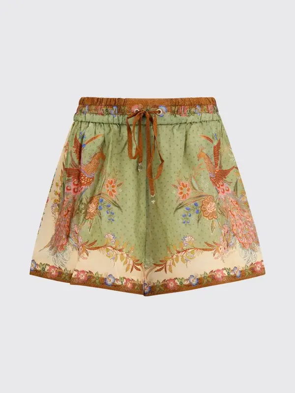 Zimmermann Wide-leg Silk Shorts With Graphic Print And Drawstring Waist - Kaki