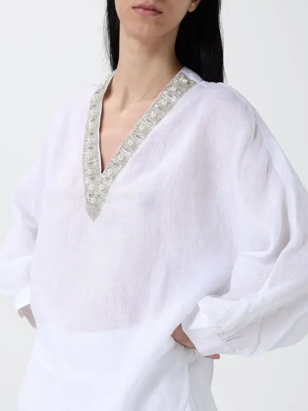 120% Lino Linen Blouse With Beads - White
