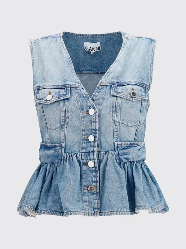 GANNI V-neck Denim Peplum Top - Gnawed Blue