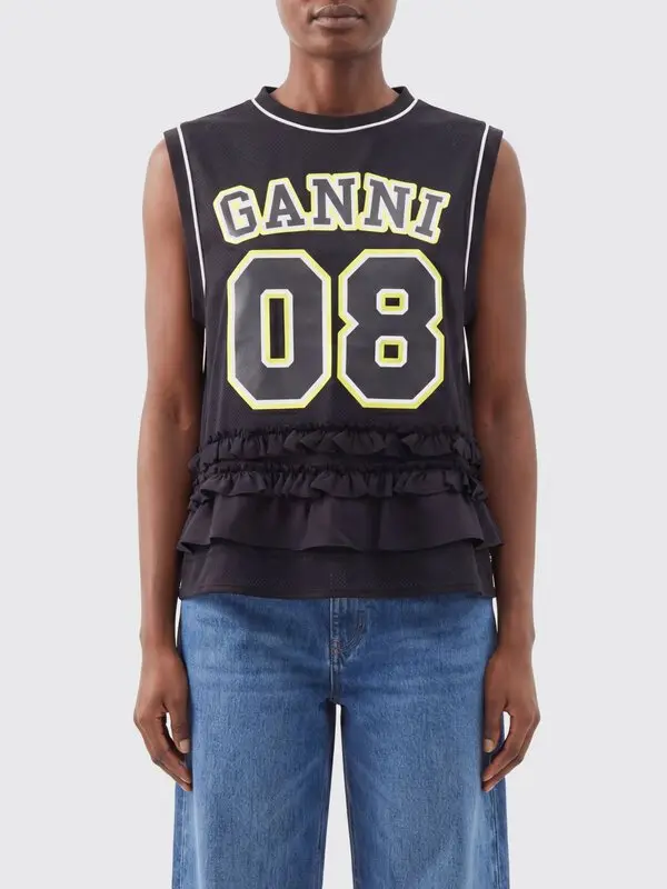 GANNI Sleeveless Polyester Top With Printed Logo And Flounces