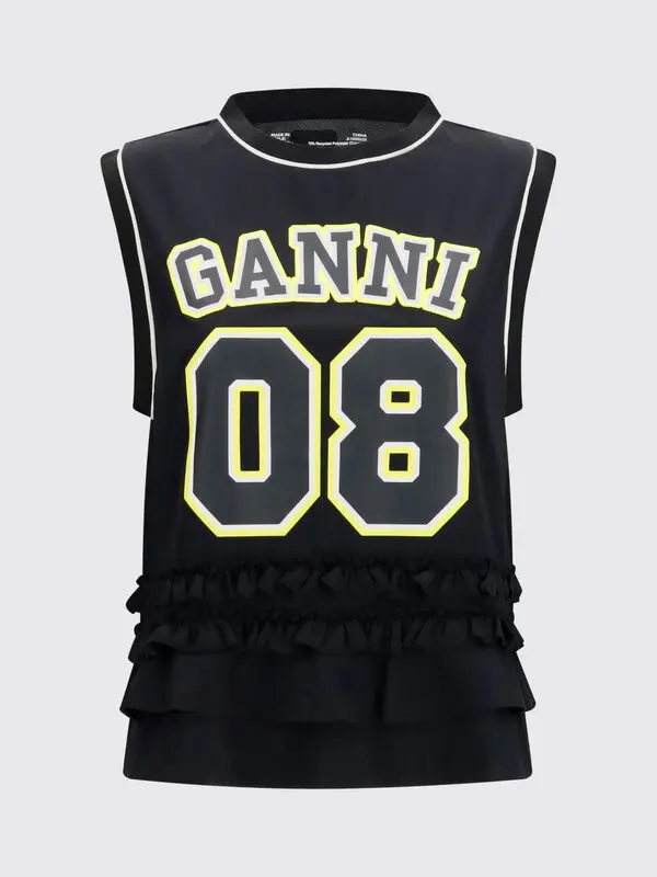GANNI Sleeveless Polyester Top With Printed Logo And Flounces