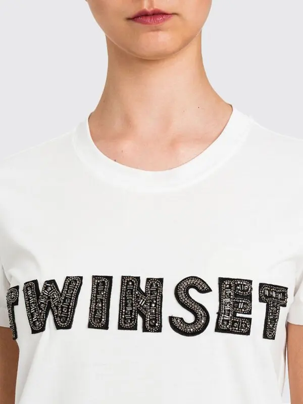 TWINSET Cotton Blend T-shirts With Rhinestone Logo