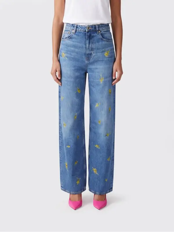 GANNI Wide Leg Jeans With Floral Embroidery